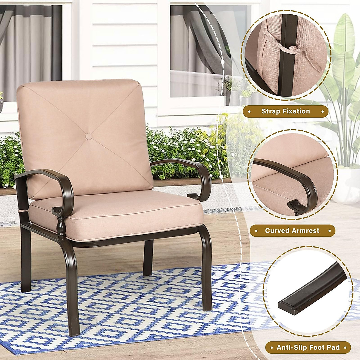 Incbruce Metal Outdoor Dining Chairs Patio Chairs Set of 2, Wrought Iron Chair Steel Frame Restaurant Chair, All-Weather Garden Seating Chair with Arms and Seat Cushions (Brown)