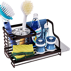 Consumest Sink Caddy Kitchen Sink Organizer, SUS304 Stainless Steel Sponge Holder for Kitchen Sink, Double-Layer Soap Sponge and Brush Holder with Removable Drain Tray, Bronze