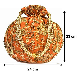 Indian Ethnic Designer Embroidery Silk Potli bag Batwa Pearls Handle Ladies Handbag Purse for Bridal Party Clutch for Women wedding and Gifting (Orange)