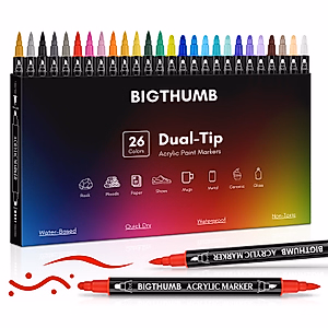 BIGTHUMB 26 Colors Acrylic Paint Pens, Dual Tip Acrylic Paint Markers with Brush Tip and Dot Tip, Paint Markers for Painting Rock, Wood, Canvas