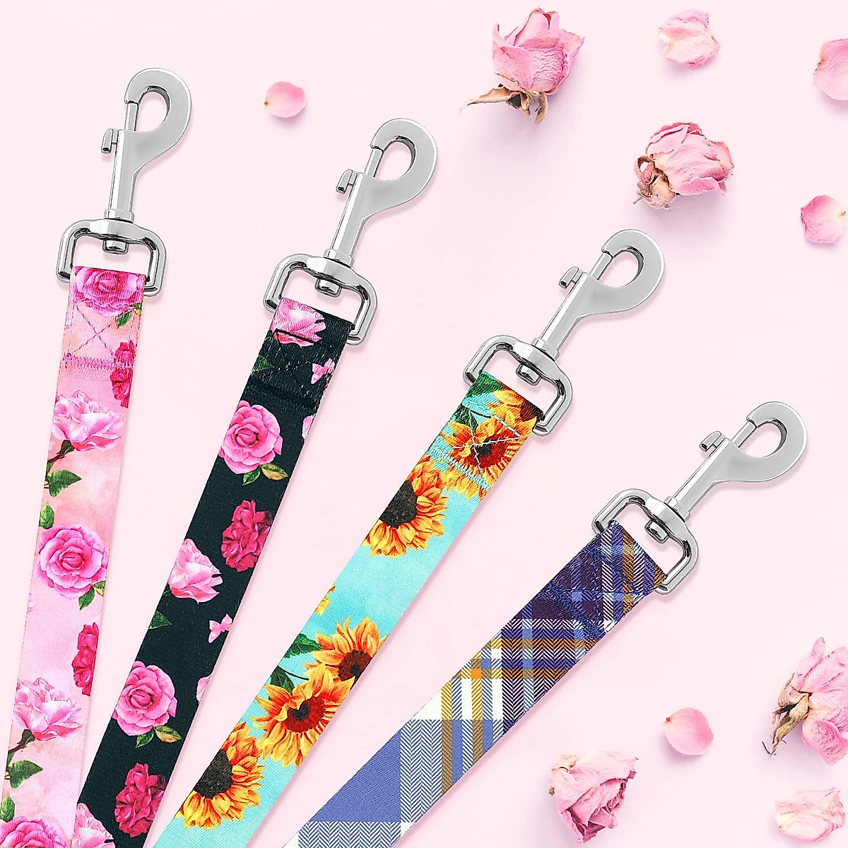 DQGHQME Dog Collar and Leash Set Girls 5ft/Foot Pink Dog Leash and Collar Adjustable Dog Harness and Leash Set Puppy Collars with Beautiful Floral Bow Tie for Small Medium Large Female Dogs,Rose Pink