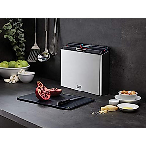 Joseph Joseph Folio 4-Piece Color coded Cutting Board Set, Slimline Case for Organized Kitchen Storage, Large, Stainless Steel