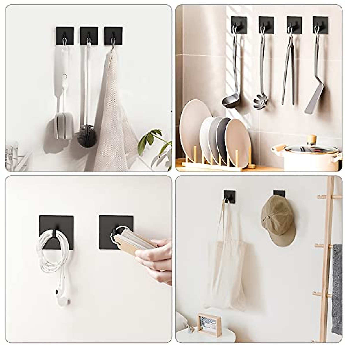 VIS'V Adhesive Hooks, Black Self Adhesive Towel Hooks Waterproof Shower Wall Stick on Hooks Heavy Duty Stainless Steel Bathroom Kitchen Sticky Hooks for Towel Robe Loofah Key Coat Bag - 4 Pcs