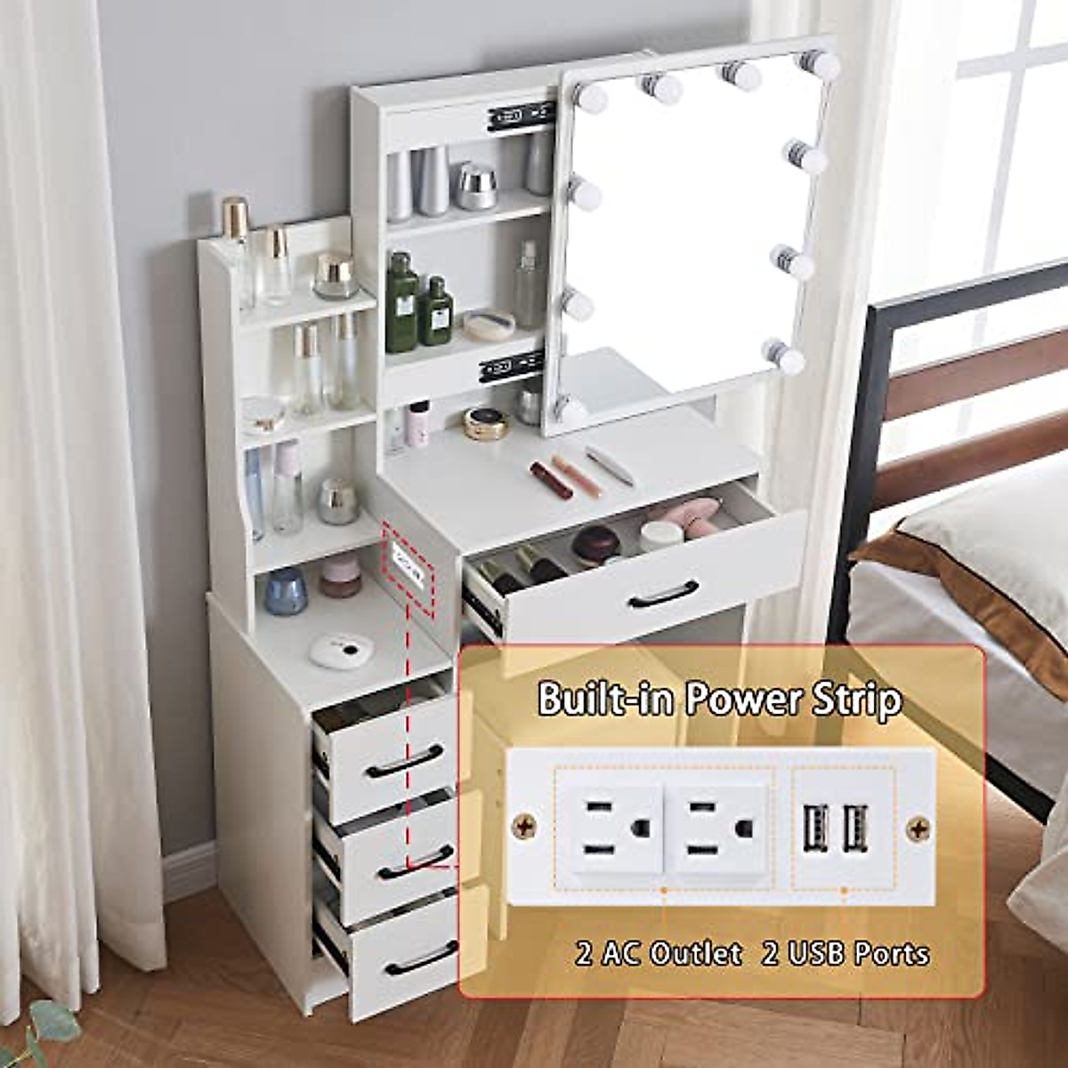 Abesthink Makeup Vanity with Ligjhts Mirror and Charging Station,White Vanity Makeup Desk with Lights and Storage Drawers,Lighted Vanity Set Dressing Table with Stool for Girls