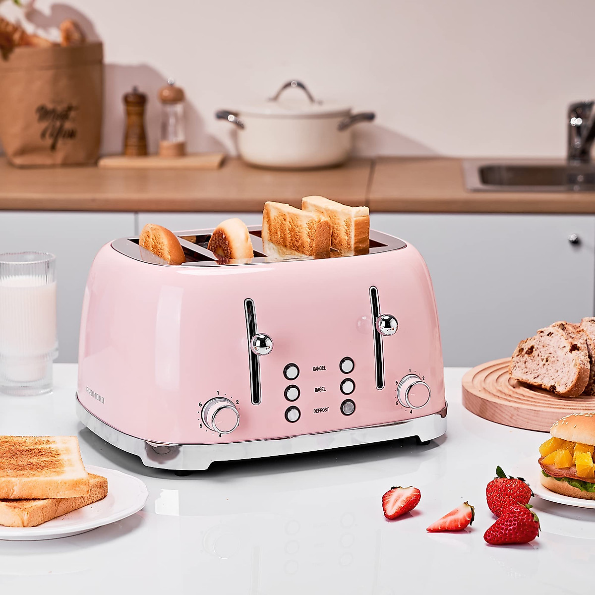 REDMOND 4 Slice Toaster Retro Stainless Steel Toasters with Bagel Defrost Cancel Function, 6 Browning Settings, Pink, ST033