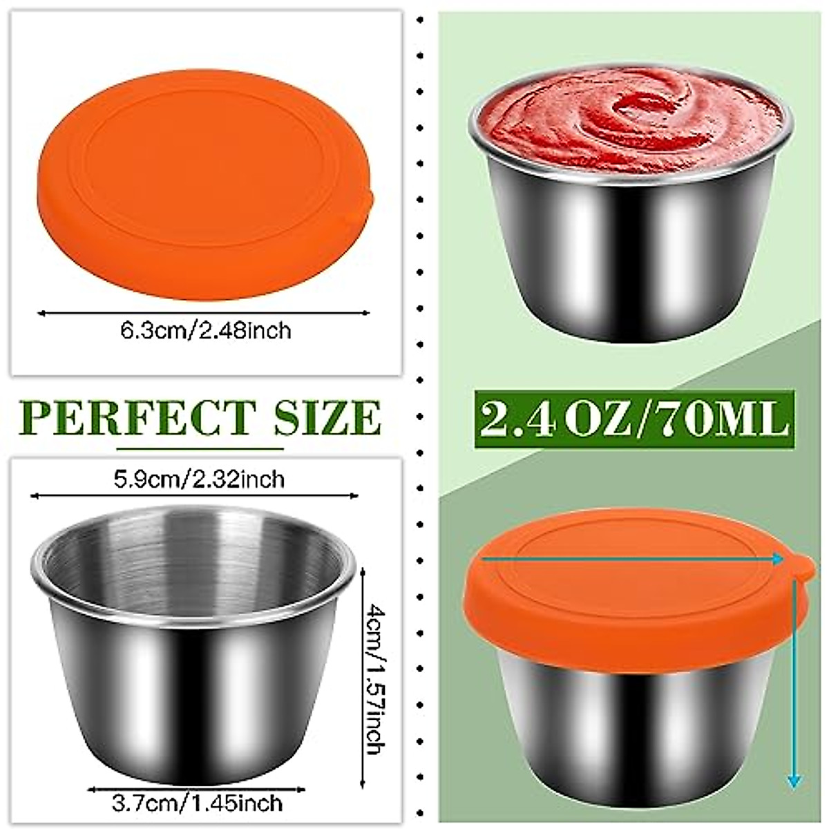 Soleebee 3 Pack Salad Dressing Containers to Go, 2.4oz Small Travel Condiment Containers, Reusable Stainless Steel Dipping Sauce Cups with Leakproof Silicone Lids for Bento Box (Purple/Green/Orange)