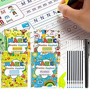 4Pcs Large Magic Practice Copybook for Kids, Handwriting Practice Book for Kids, Magic Ink Print Handwriting Workbook with 1 Pen + 8 Refills + 1 Grip for Beginners, Preschoolers & Kindergarten Kids