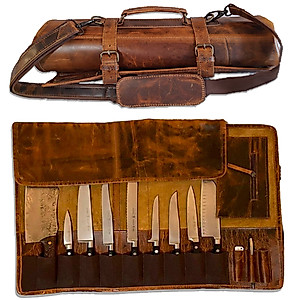 Knife Bag Knife Roll - Case for Knives - SharpStyle: Genuine Leather Chef Knife Roll - Beautifully Holds 10 Knives + Utility Pockets - Includes Leather Carry Handle and Strap - Large.