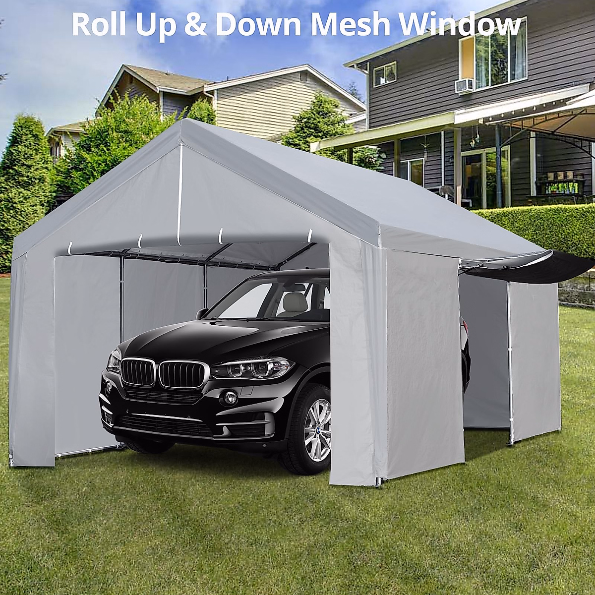GAOMON Carport 10'x 20' Heavy Duty Carport Canopy with Semi-Auto Ventilated Windows & Roll-up Door w/Zipper, Portable Garage with Steel Frame and Waterproof UV-Treated Cover for Car, Boats, Truck