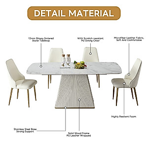 71" Modern Dining Table for 6, Kitchen & Dining Room Table, Sintered Stone Tabletop and Solid Wood Frame & PU Leather Wrapped Marble Dining Table