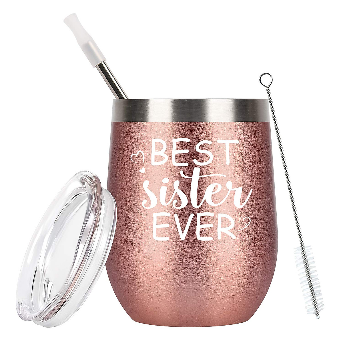 GINGPROUS Best Sister Ever Wine Tumbler with Lid, Sisters Birthday Gifts from Sister Brother Sister in Law Wine Tumbler, Stainless Steel Insulated Wine Tumbler with Straw (12 Oz, Rose Gold)