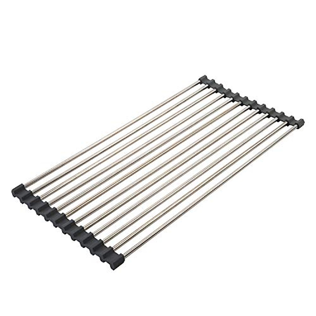 Kitchen Details Over The Sink Drying Rack | Roll Up Dish Mat | Easy Storage | Stainless Steel | Non-Slip Silicone | Drain Tray | BPA Free | Food Safe | Space Saving | Grey