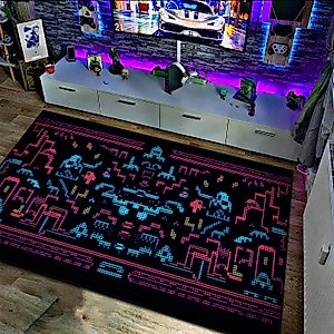 Dark & Neon 80s Arcade Carpet - Space Invaders NES Game 8bit, Customizable Area Rug, Living Room Full Size (5x8, 4x6, 3x5), Arcade Decor, Gaming Player Gift, Video Game