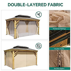YITAHOME 10x12ft Hardtop Gazebo with Nettings and Curtains, Wood Grain Heavy Duty Double Roof Galvanized Steel Outdoor Combined of Vertical Stripes Roof for Patio, Backyard, Deck, Lawns, Brown