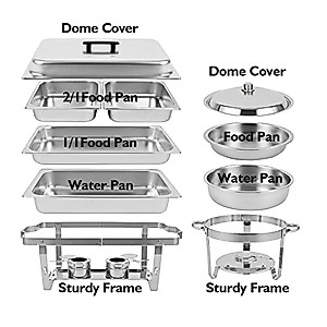 Restlrious Chafing Dish Buffet Set Stainless Steel 5QT Round & 8QT Rectangle Foldable Chafers & Buffet Warmers Set, w/Full & Half Size Food Pan, Water Pan, Fuel Holder & Lid for Catering Event, 5 Pk