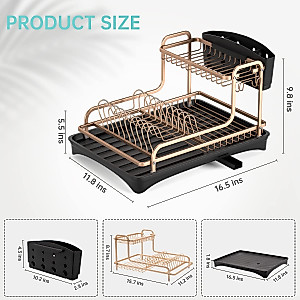 Beacron Dish Drying Rack, 2 Tier Dish Racks Drainboard Set for Kitchen Counter with Swivel Spout, Rustproof Aluminum Dish Drainer Compatible with Utensil Holder, Cup Holder (Rose Gold)