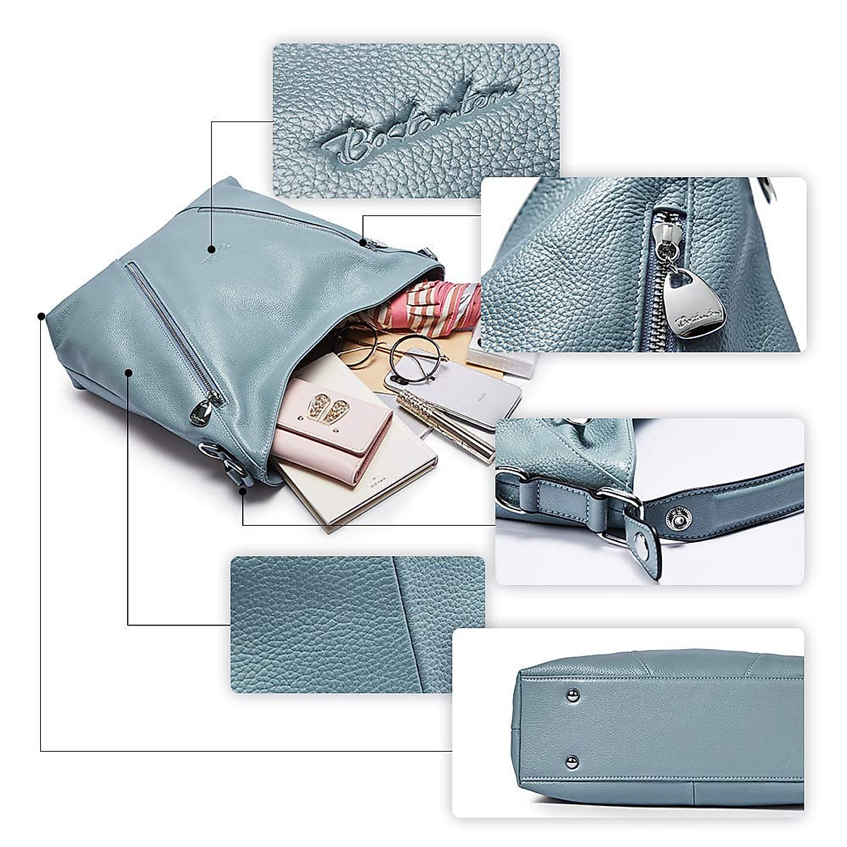 BOSTANTEN Women Leather Handbag Designer Large Hobo Purses Shoulder Bags Blue and Small Bifold Zipper Pocket Wallet Card Case Purse with ID Window Blue