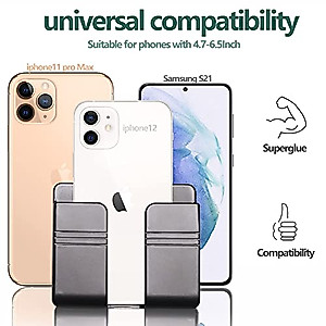 CEI&BPY Wall Mount Phone Holder, Phone Stand with Adhesive and Data Cable Receiving Hole, Cell Phone Holder for Charging,Bedroom, Compatible with iPhone and Android (Black)