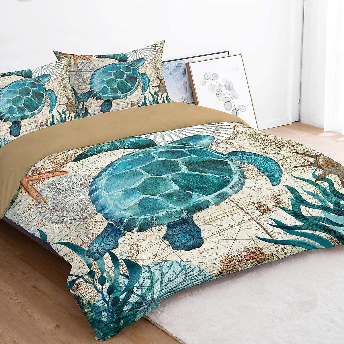 MUSOLEI Ocean Comforter Set Turtle Comforter Set, Sea Turtle Bedding Collections Soft for Teen Boys Turquoise Ocean Themed Mediterranean Style Printed Design Quilt Set Queen Size Comforter（Queen）