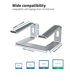 SOUNDANCE Laptop Stand, Aluminum Computer Riser, Ergonomic Laptops Elevator for Desk, Metal Holder Compatible with 10 to 15.6 Inches Notebook Computer, Silver
