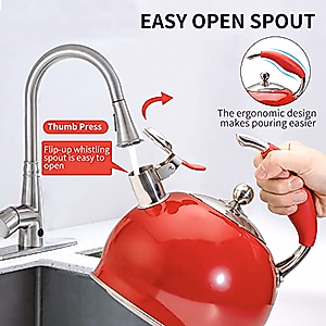 Sotya Whistling Tea Kettle for Stovetop, 3 Quart Stainless Steel Teakettle Teapot with Upgraded Version Silicone Anti-Scald Handle, Suitable for All Heat Source (Red)