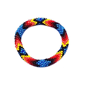 Native American Inspired Tribal Fire Diamond Pattern Guatemalan Czech Glass Seed Beaded One Size Fits All Bangle Bracelet - Womens Fashion Handmade Jewelry Boho Accessories (Light Blue)