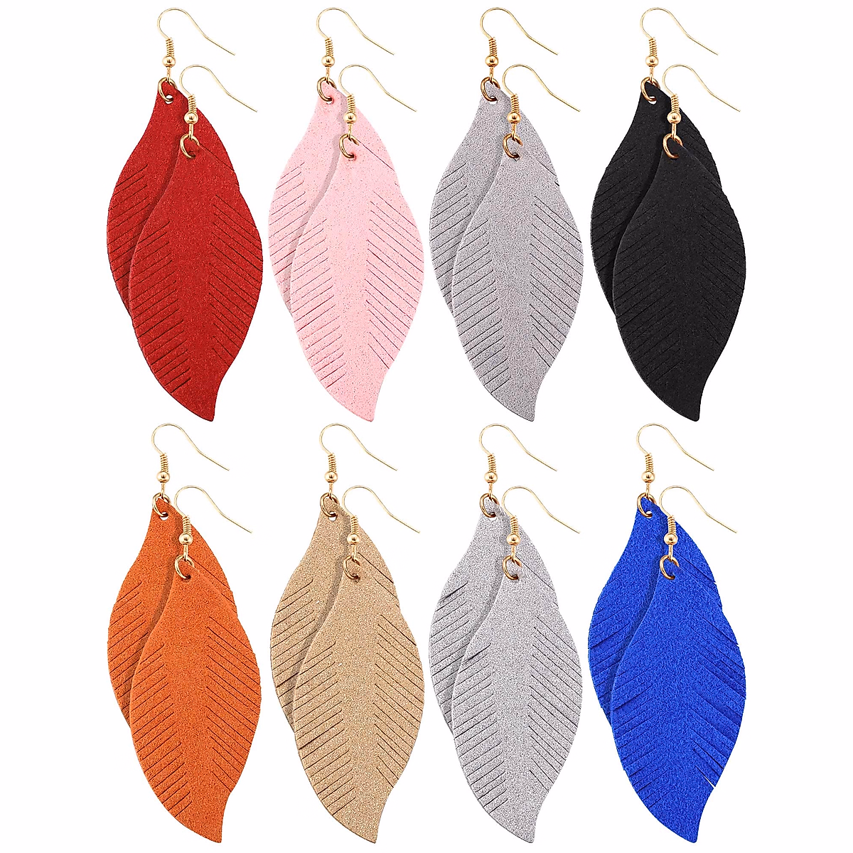 Jovitec 8 Pairs Leather Feather Earrings Teardrop Earrings Leather Lightweight Leaf Earrings for Women Girls Soft Suede Bohemian Feather Shape Earrings Tassel Dangles Fringe Wing, 8 Colors