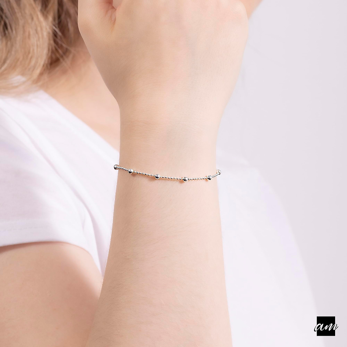 Amberta 925 Sterling Silver 3.2 mm / 1.1 mm Ball Bead Chain Bracelet Length 7.5" inch / 19 cm (7.5)