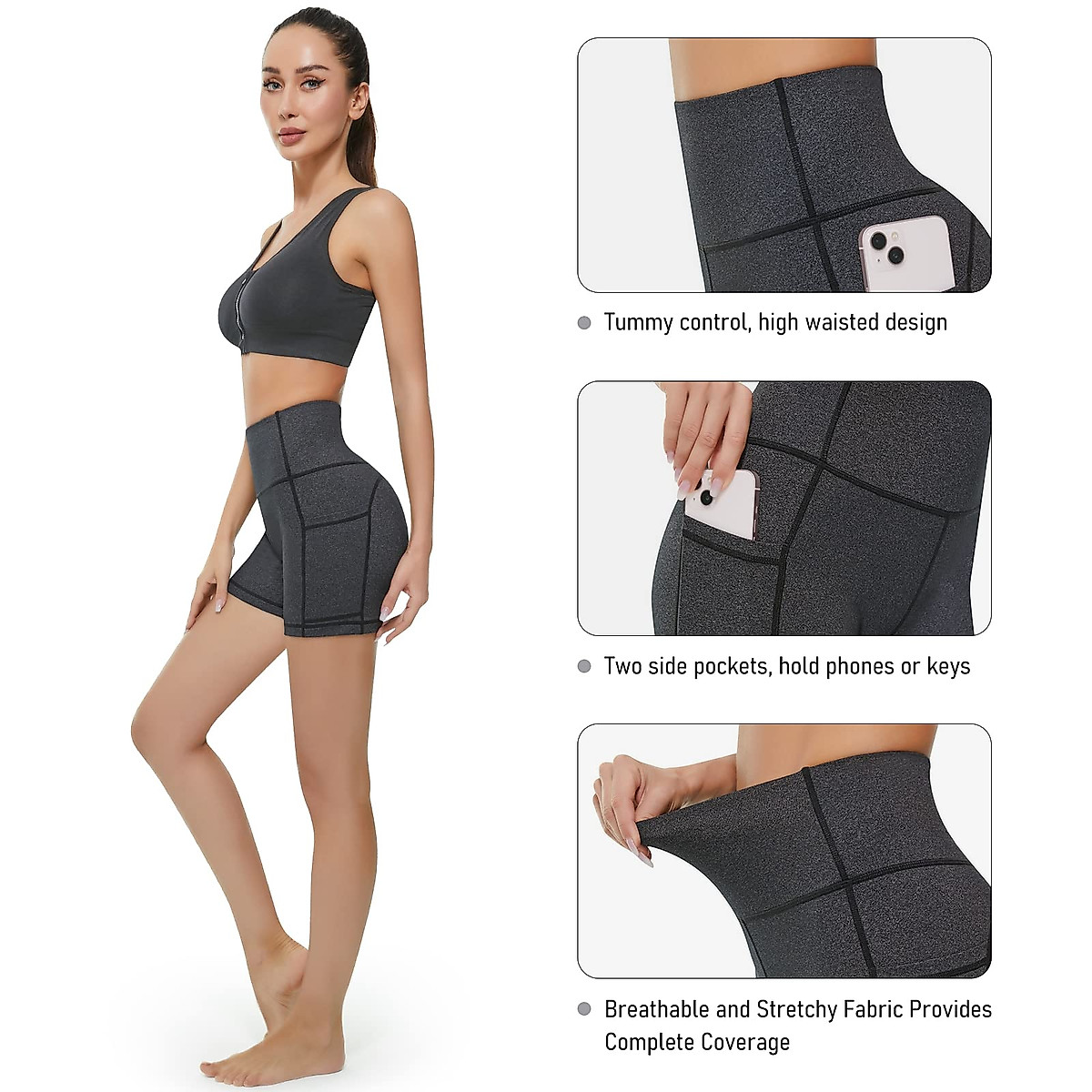 KKB Women's 8''/5'' High Waist Active Wear Shorts Yoga Leggings, Tummy Control Workout Shorts Side Pockets Running Pants (Large, 8"-Charcoal)