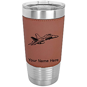 LaserGram 20oz Vacuum Insulated Tumbler Mug, Fighter Jet 2, Personalized Engraving Included (Faux Leather, Dark Brown)