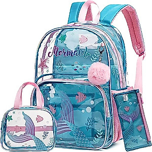 Meetbelify Mermaid Backpack for Girls Backpack with Lunch Box Set for Elementary Kindergarten Student Kids Clear School Bag for Girls