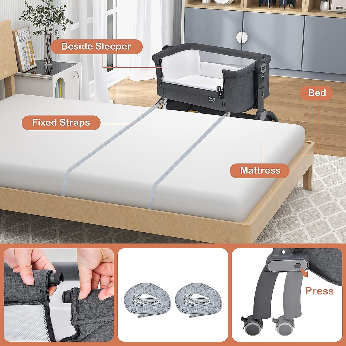 BABY JOY Baby Bassinet, 3-in-1 Rocking Bassinet w/Storage Basket, Double-Lock Design, 7 Adjustable Heights, Soft Mattress & Portable Travel Bag, Bassinet Bedside Sleeper for Newborns Infants (Gray)