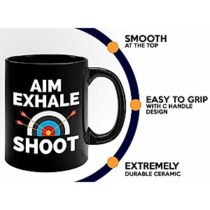 Bubble Hugs Archery Coffee Mug 11oz Black - Aim Exhale shoot - Archery Trainer Bowfishing Deer Shooting Target Shot