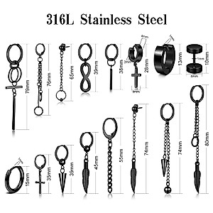 FIFATA Cross Dangle Earrings for Men 20 Pieces, Stainless Steel Stud Hinged Hoop Earrings, Long Chain Kpop Earrings for Women, Black and Silver