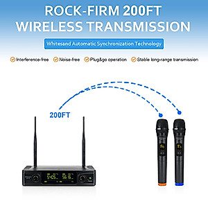 whitesand UHF Wireless Microphone System, Dual Wireless Mic Set w/ 2 Handheld Dynamic Microphones, 2x30 Frequencies, Color Coded Microphone for Singing, Home Karaoke, DJ, Church, Wedding (WSM-300)