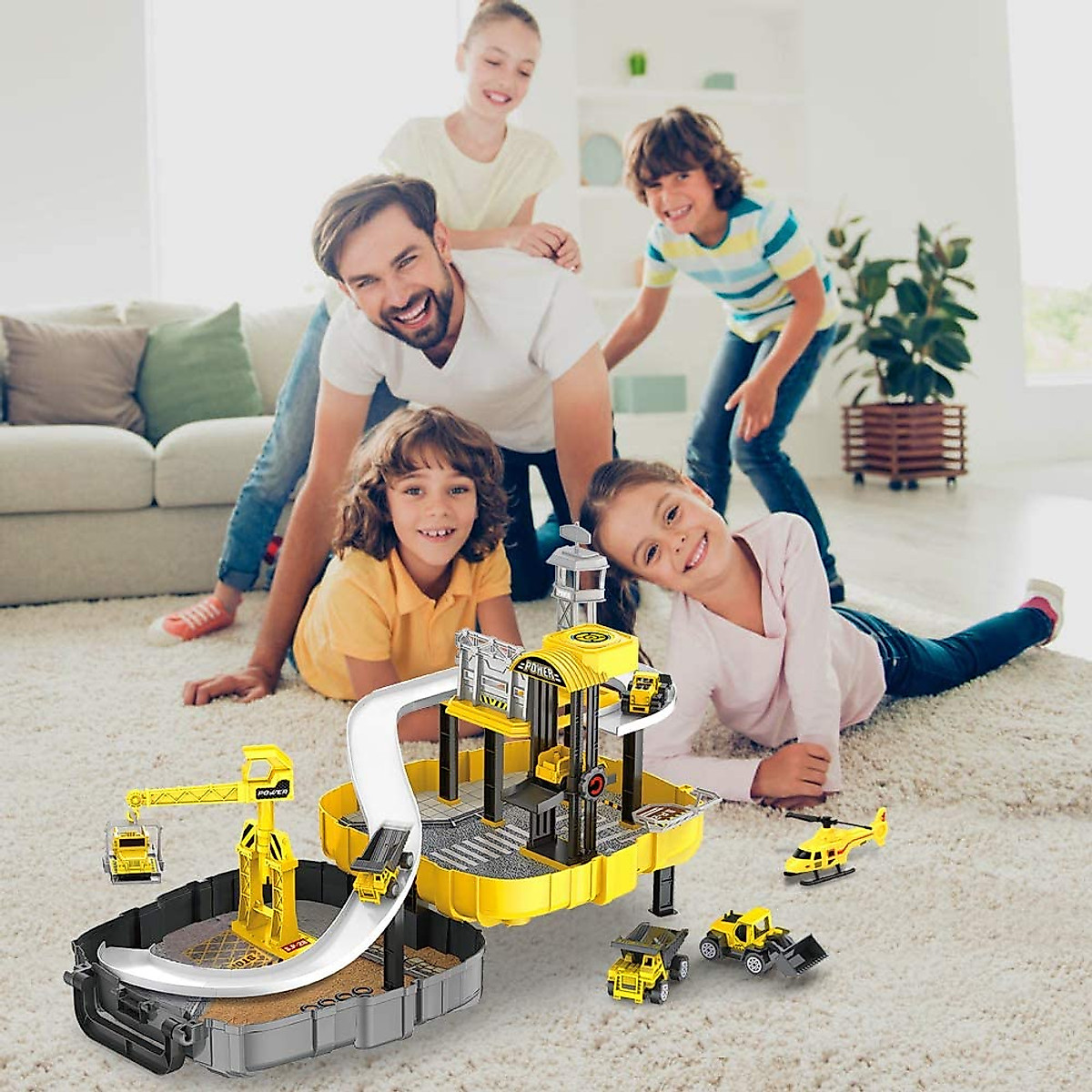 Siairo Construction Race Car Toy for Kids - Construction Race Truck with Crane, Helicopter, Bulldozer, Excavator Toy Backpack for 3 4 5 Year Old Boys & Toddlers