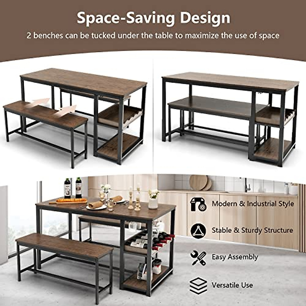 Giantex Dining Table Set for 4, 3-Piece 55” Kitchen Table Set w/ 2 Benches, Breakfast Table w/Wine Rack & Glass Holder, Space-Saving Dinette Set for Dining Room, Kitchen, Apartment (Rustic Brown)