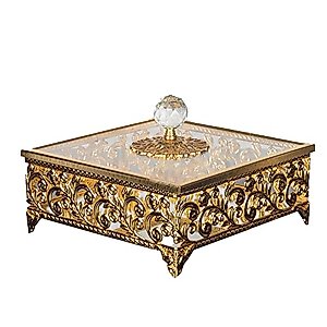 Handmade Napkin Holder for Table, Antique-Looking Fancy Gold Napkin Dispenser for Kitchen, Rustic Metal Napkin Basket with Lid, Square, 7.5 in (Gold)