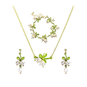 yomlry Flower Leaf Jewelry Sets for Women Green Pearl Necklace and Earring Sets Lily of the Valley Dangle Earrings Green Prom Jewelry for Women Girls lily of the valley1