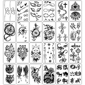 Yazhiji 36 Sheets Temporary Tattoos Stickers, 12 Sheets Fake Body Arm Chest Shoulder Tattoos for Men or Women with 24 Sheets Tiny Black