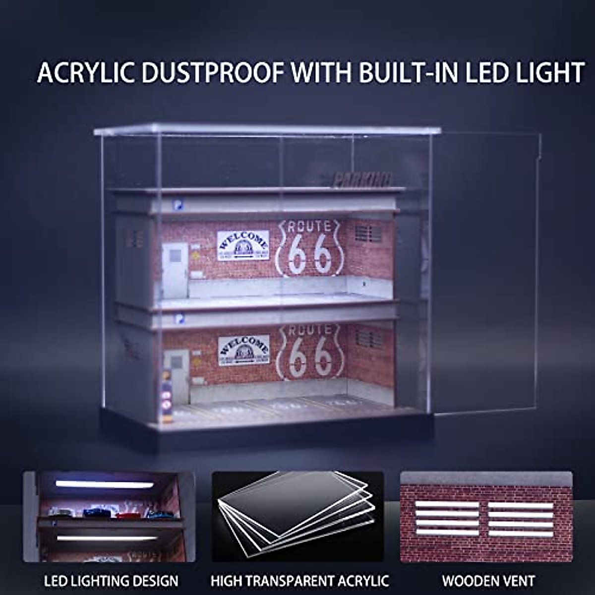 SIKIVOT Double Deck Garage Display Case， 1/64 Scale Parking Lot Model Car， Die-cast Car Garage Display Case，12 Parking Space with LED Light and Acrylic Cover (7642 Red Brick Wall)