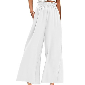 Pasgreson Womens Elastic High Waist Wide Leg Pants Palazzo Lounge Pants Casual Loose Flowy Pants with Pockets White 3XL