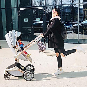 Hot Mom Baby Stroller 360 Degree Rotation Function, Pu Leather Baby Bassinet and Seat Combo Pushchai & Pram, Grey