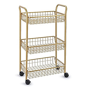 MNOPQ 3 Tier Rolling Utility Cart, Storage Trolley Service Cart with Wheels Easy Assembly for Kitchen, Living Room, Office, Salon, Gold