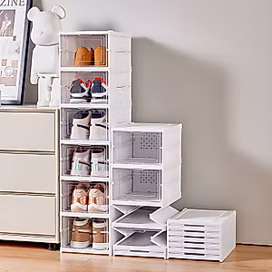GUDEMAY Drop Front Shoe Storage Box, No Assembly Stackable Shoe Organizer Storage Bin with Clear Door, Free Standing Shoe Shelf Cabinet with Lid, Plastic Shoe Rack for Closet Entryway, 6-Tier