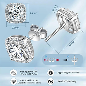 Tunzug Moissanite Halo Earrings Square 0. 5-3 Carat 925 Sterling Silver Plated 18K Gold Plated Friction Flat D Color VVS1 Clear Earrings for Men Women