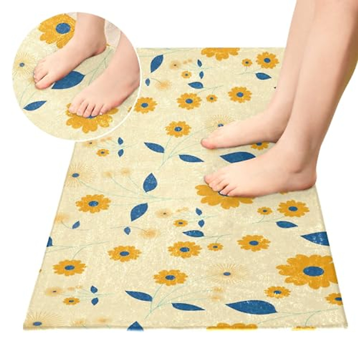 Fluffy Floor Carpet-Yellow Flower Blue Leaves,39x20in Front Door Mat Indoor Machine Washable Carpet,Aesthetic Rug