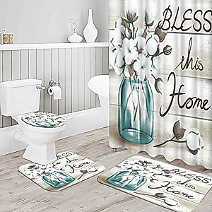 RnnJoile Farmhouse Bathroom Sets with Shower Curtain and Rugs Cotton with Bless This Home Art Sign Bath Curtain 4 Piece Fabric Cloth Bathroom Decor Set with Hooks Teal