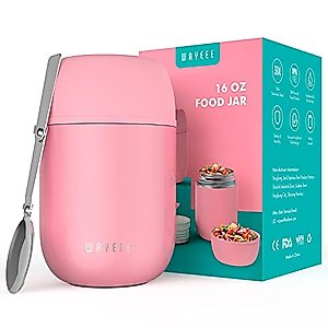 Insulated Food Jar WayEee Vacuum Bento Box Lunch Containers 16 oz for Kids Adults, Stainless Steel Leak Proof Wide Mouth Food Soup Thermos with Spoon Keeps Food Hot Cold for School Travel Picnic -Pink
