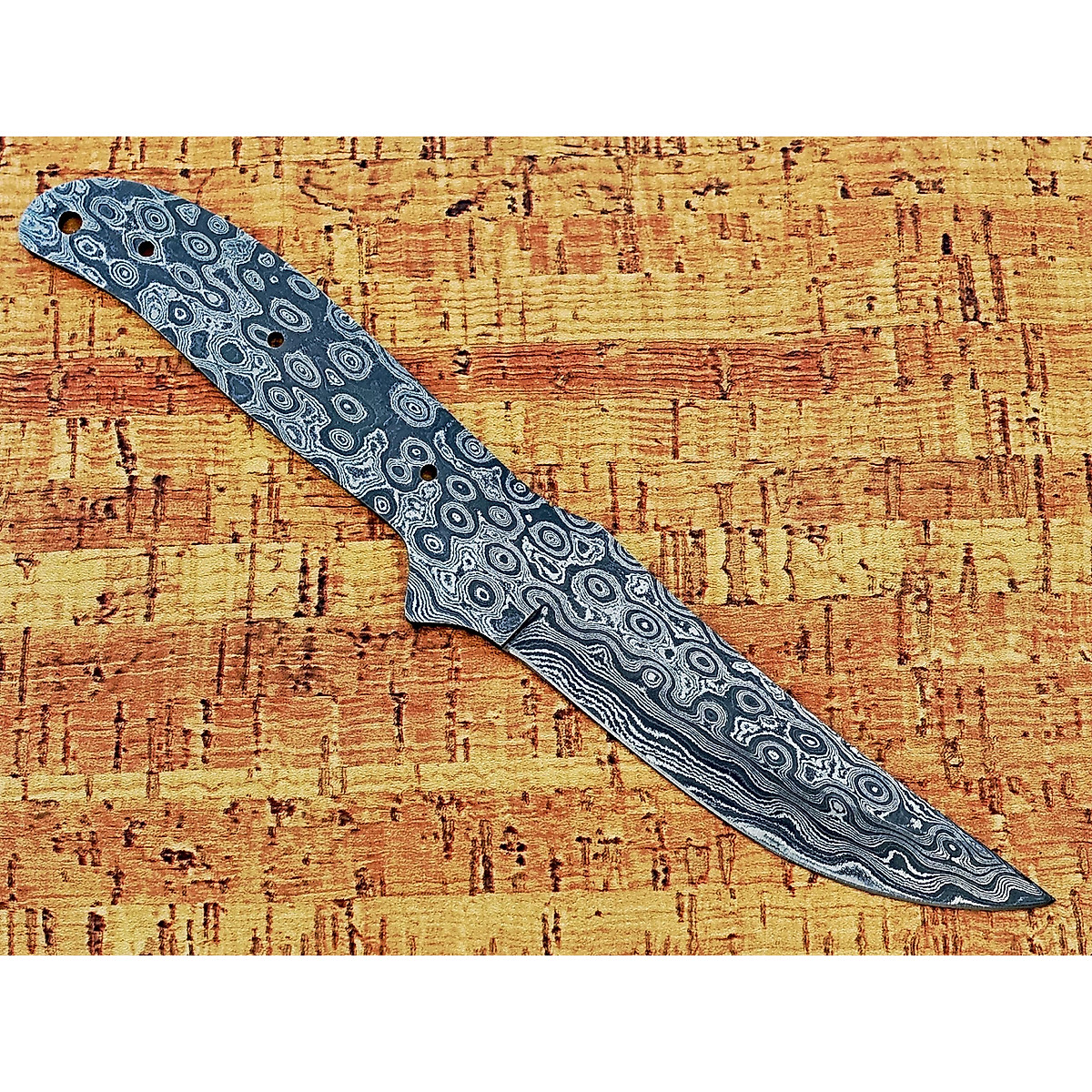 9 inches long Rain drop pattern Damascus steel Trailing point blank blade, knife making supplies, 4.5 inches long straight back scale with 3 pin and a lace holes, 4 inches cutting edge